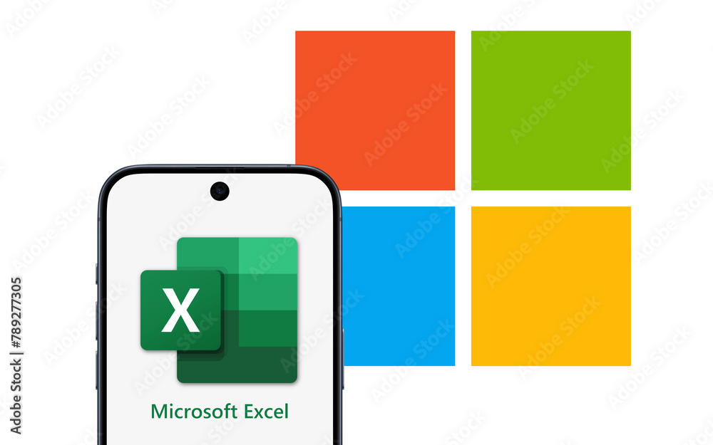 Excel logo is displayed on a modern smartphone, Microsoft logo behind ...