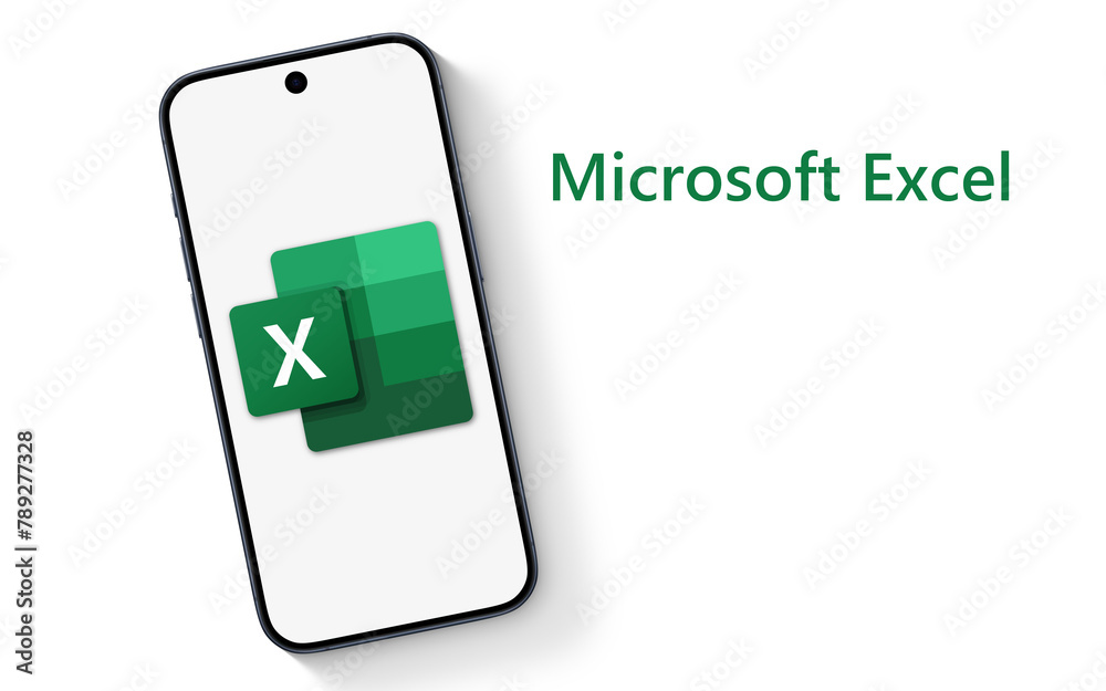Excel logo is displayed on a smartphone with shadow laying on a white ...