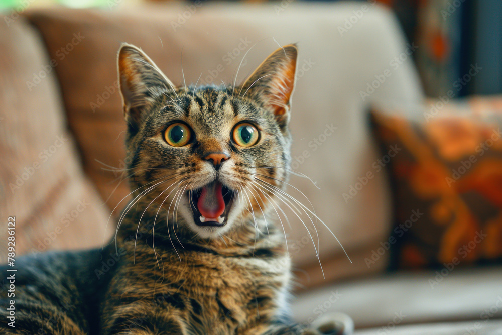surprised cat with wide open eyes sitting and open mouth on the sofa ...