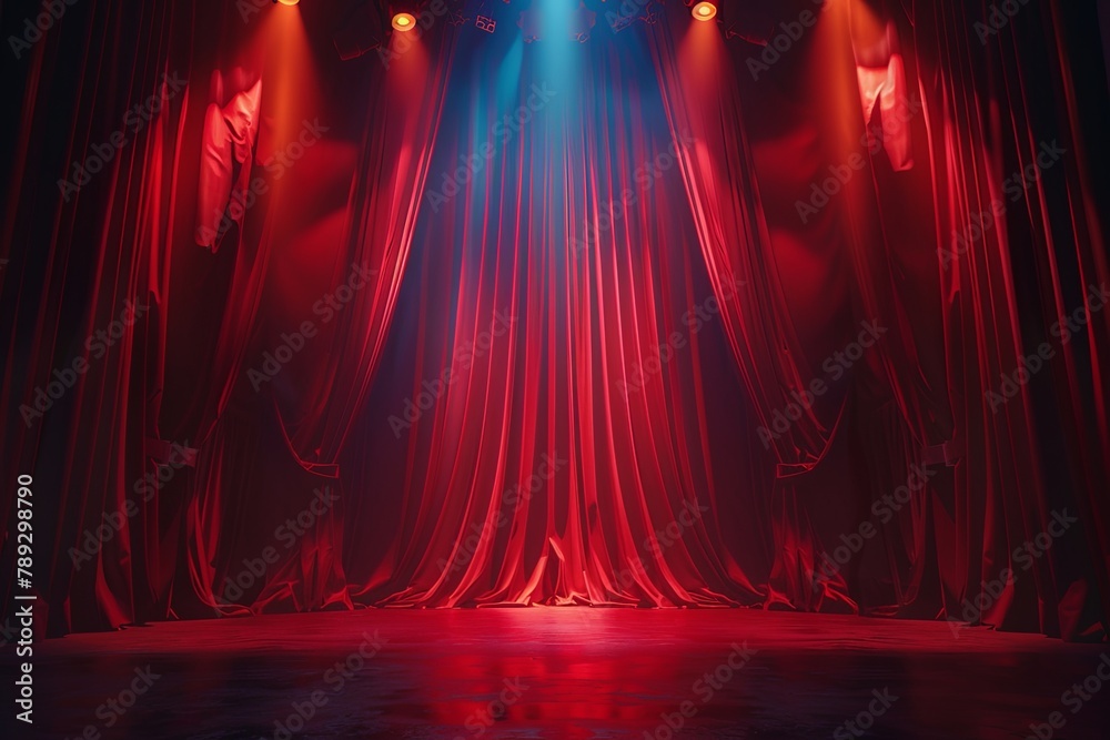 The stage curtain is illuminated by a spotlight. Realistic theater red ...