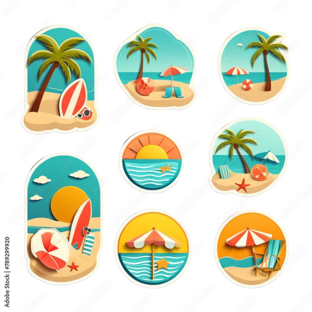 Set of cute vector summer stickers on Isolated transparent background ...