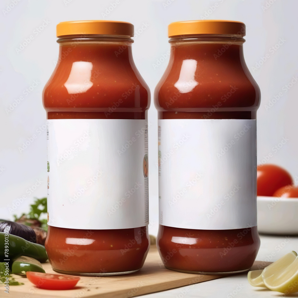 Dos botes de salsa de tomate con la etiqueta en blanco sin logotipo ...