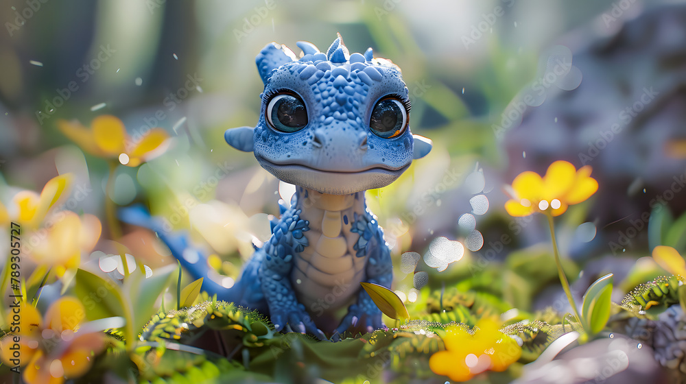 a cute adorable baby dragon lizard 3D Illustation stands in nature in the style of children ...