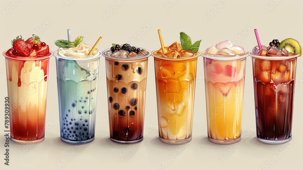 Collection of doodle style bubble milk teas, pearl milk teas, Boba milk ...