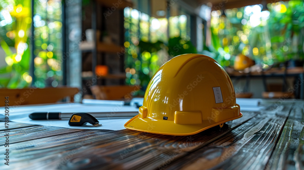Side view photo of a contractors table with yellow color safety helmet ...