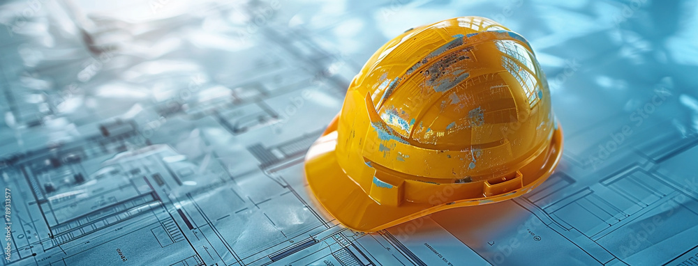 Side view photo of a contractors table with yellow color safety helmet ...