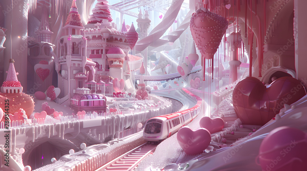 A futuristic dessert factory with elaborate castles made of fudge and ...