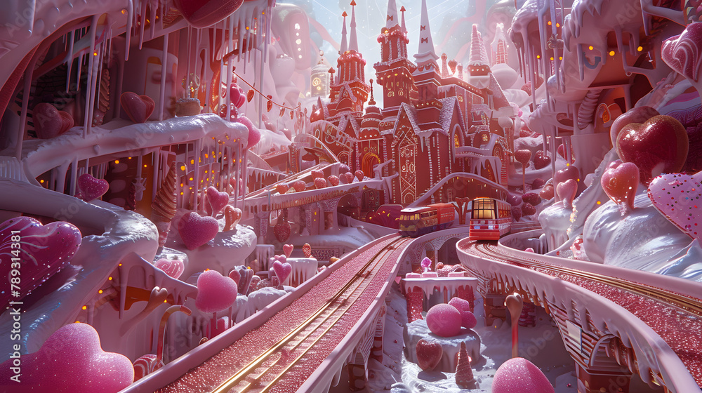 A futuristic dessert factory with elaborate castles made of fudge and ...