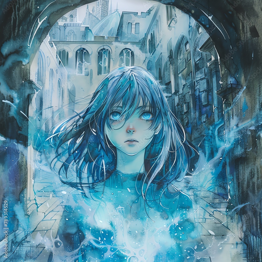 A ghostly anime girl with piercing blue eyes and a spectral aura ...