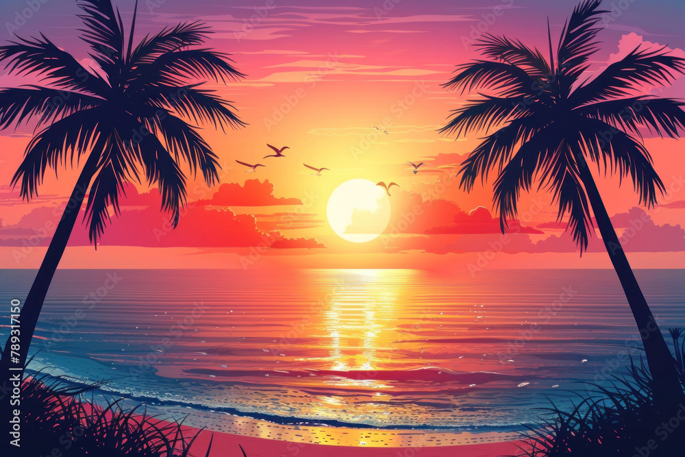 2d flat design panoramic landscape. tropical sunset with palm trees ...
