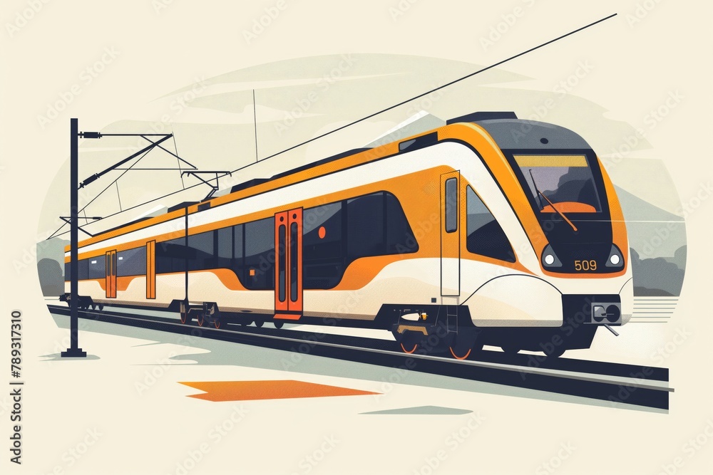 Contemporary illustration of a modern commuter train with minimalist ...