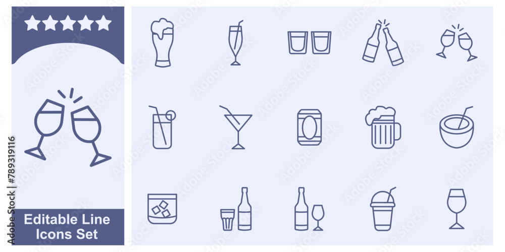 Alcohol and cocktails icon set. Champagne, Whisky, Cocktail, Shots and ...