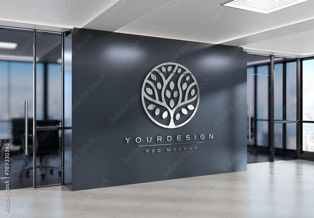 Logo Mockup On Office Wall With Metal Effect Stock Template | Adobe Stock