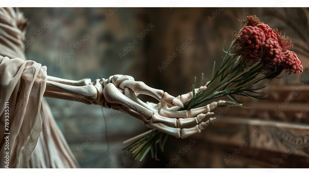 collage: skeleton hand giving a flower. Sketch on a white background ...