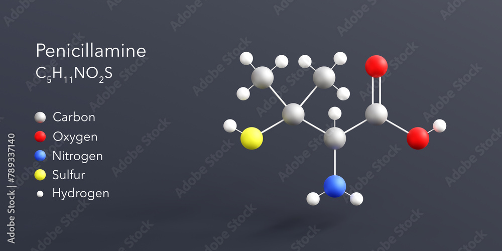 penicillamine molecule 3d rendering, flat molecular structure with ...