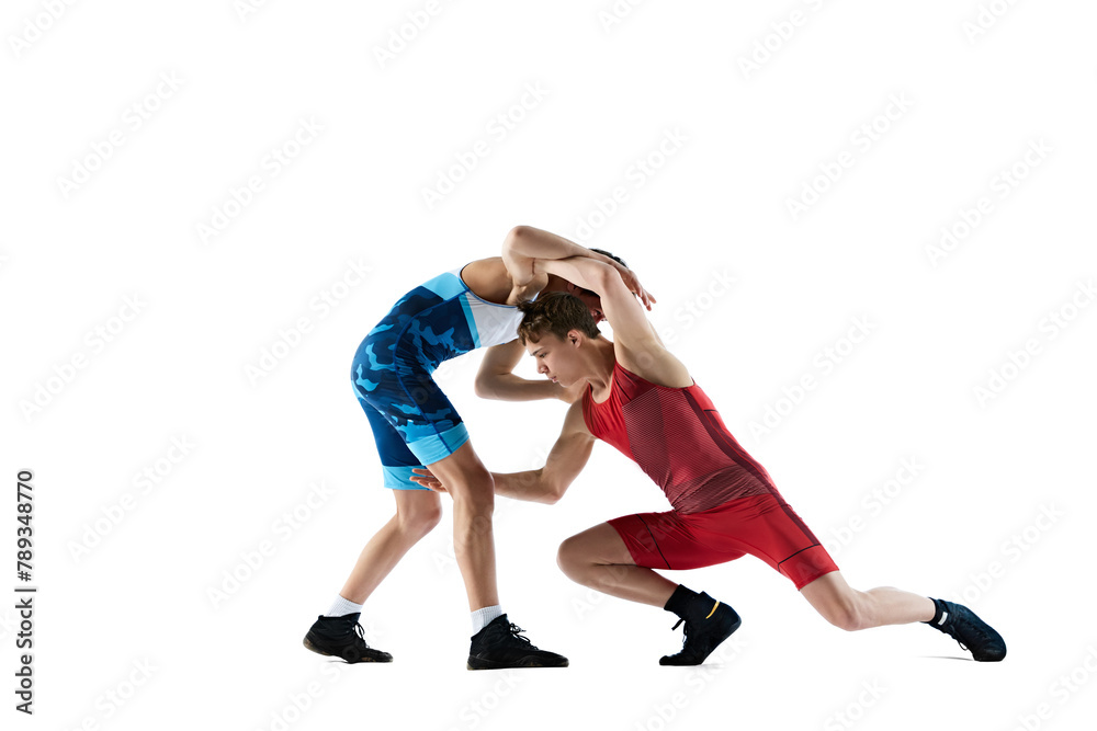 Wrestlers in dynamic motion, wrestling, training, showing strength and ...