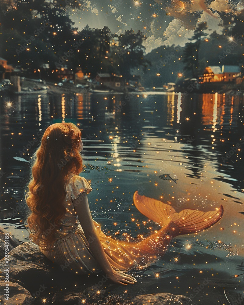 cosmic mermaid swimming through a galaxy of stars, contemporary art ...