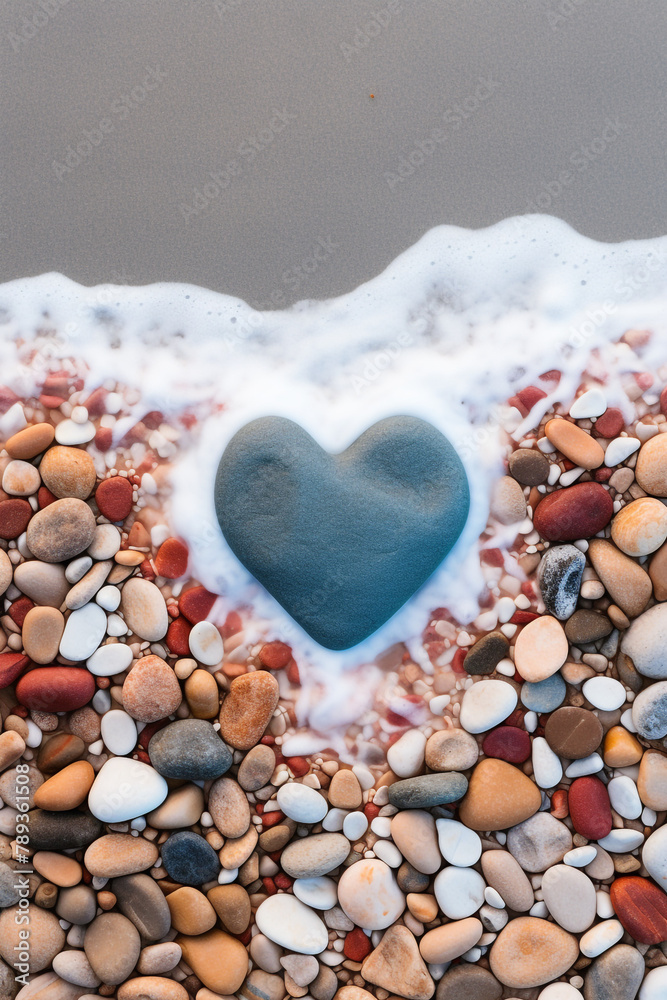 Heart-shaped pebbles arranged on a sandy beach, with waves in the ...