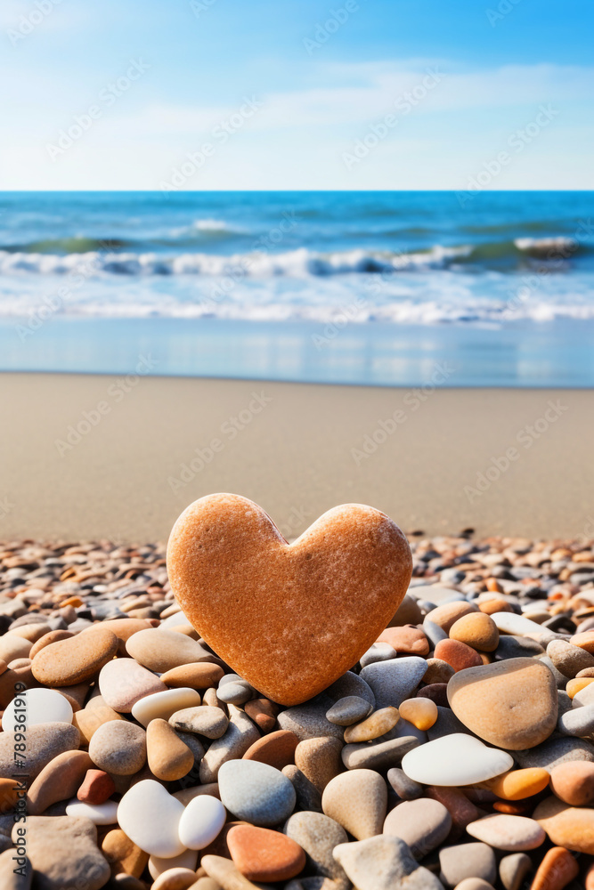 Heart-shaped pebbles arranged on a sandy beach, with waves in the ...