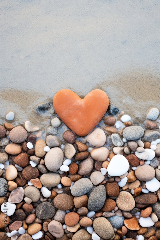 Heart-shaped pebbles arranged on a sandy beach, with waves in the ...