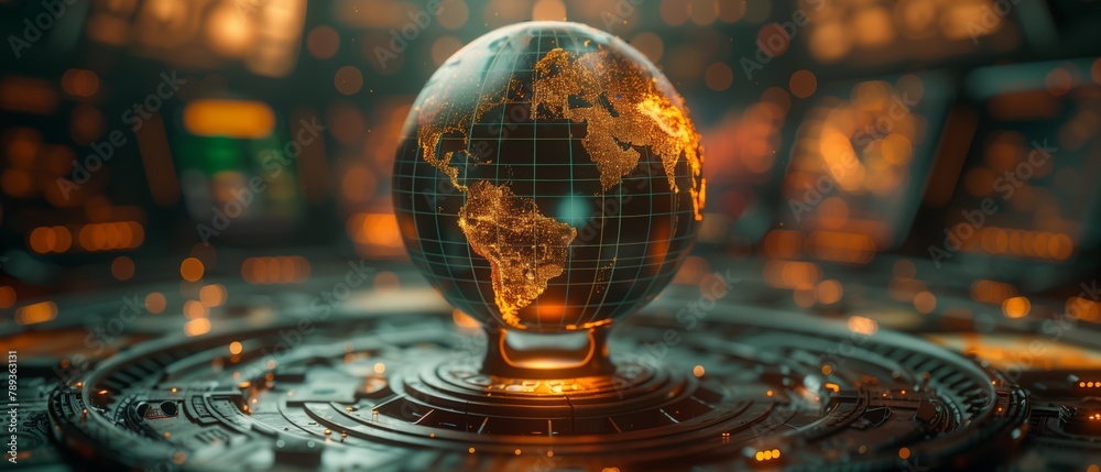 Glowing world map on a high-tech dashboard, embodying global ...