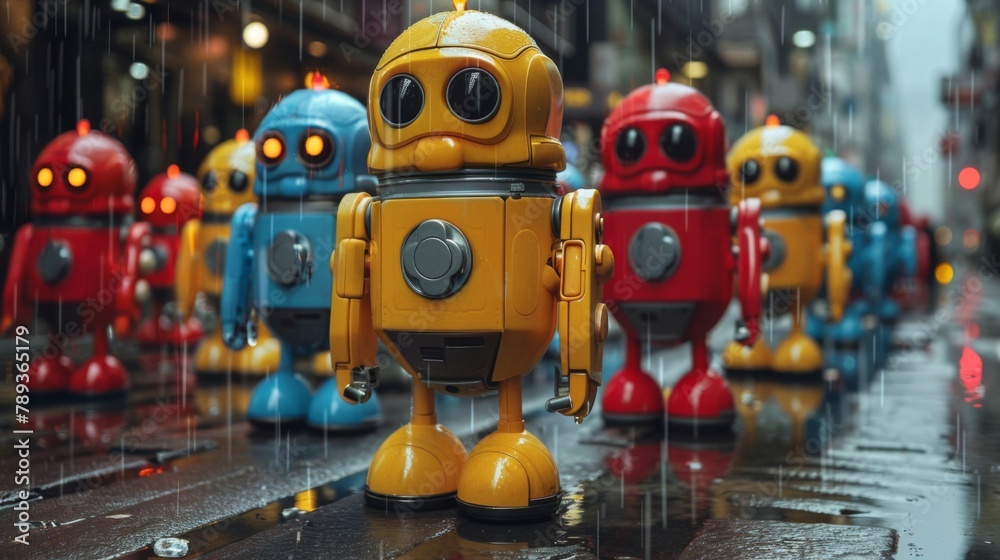 A group of robots are walking down a wet street. The robots are of ...