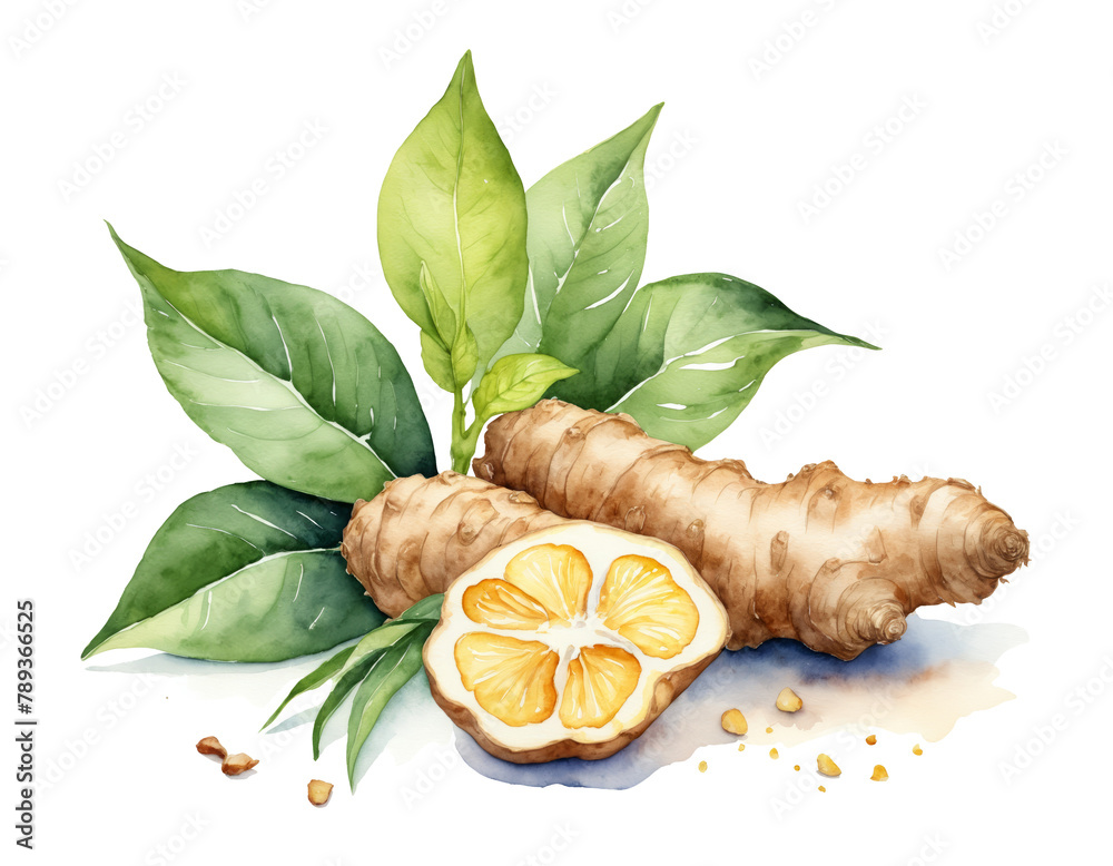 Watercolor illustration of a ginger root with leaves on transparent ...