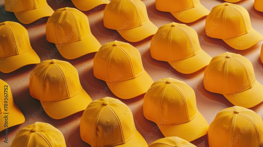Row of Stacked Yellow Baseball Caps in a Variety of Sizes and Styles on ...