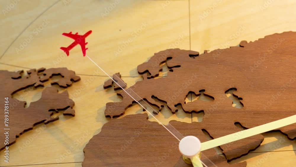 World map plane time zone, second hand, hours flight across continents ...