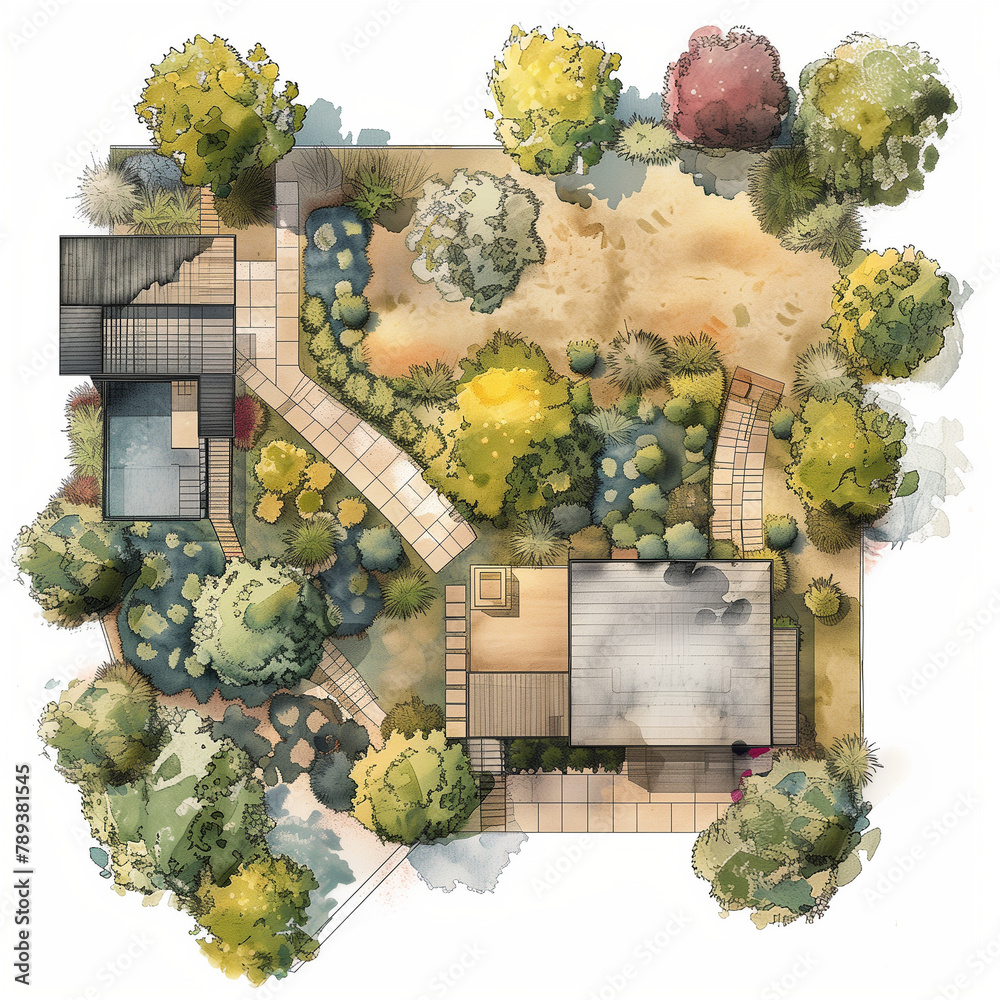 2d landscape architectural plans for a project using water color style ...