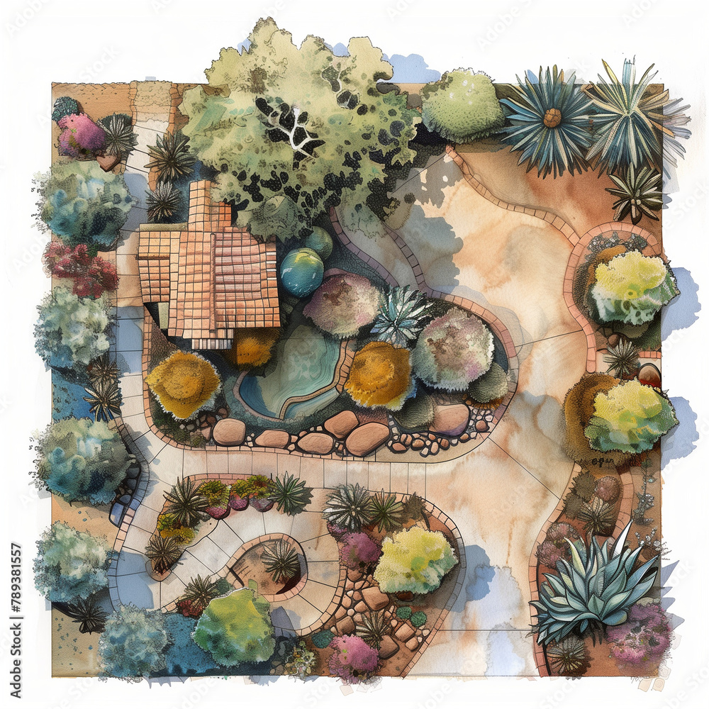 2d landscape architectural plans for a project using water color style ...