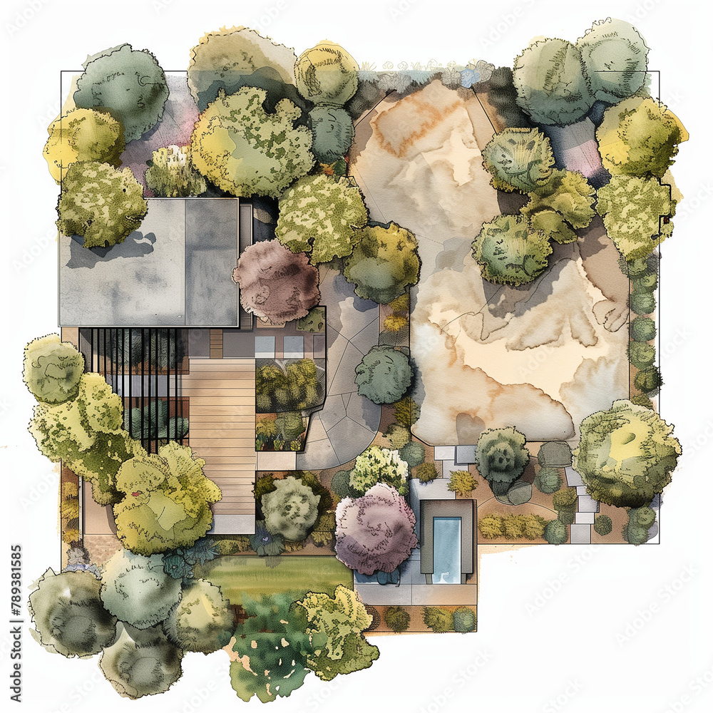 2d landscape architectural plans for a project using water color style ...