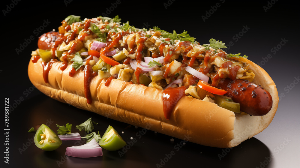hot dog gourmet exquisitamente preparado, acompañado de salsas, papas ...