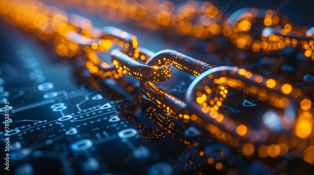 A chain of links is shown in a black and orange background. The chain ...