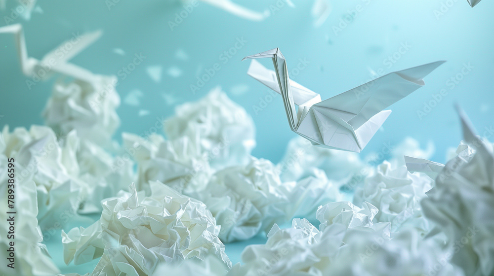 Paper Crane Rising Above Crumpled Paper Piles Concept of Creativity and ...