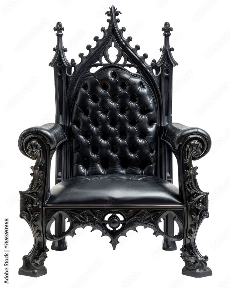 Black tufted leather throne chair with intricate Gothic arches and ...