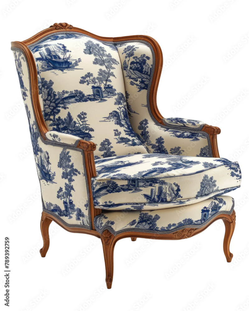 Classic wingback chair with blue toile de Jouy upholstery and wooden ...