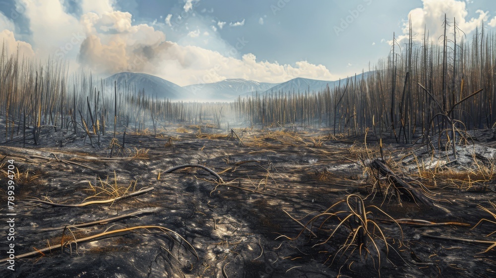 A burned landscape slowly recovering with new growth and regenerating ...