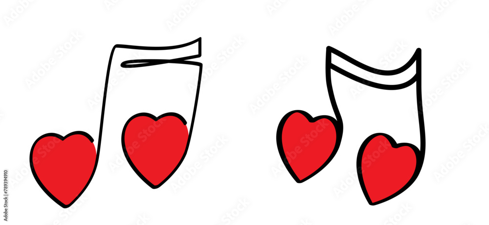 Musical note line wave with love heart. Music notes stave. Flat vector ...