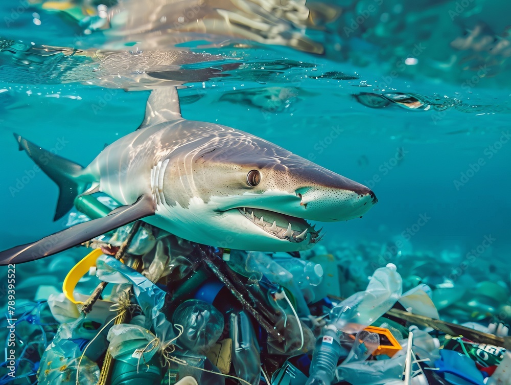 A shark entangled in plastic waste, a powerful image to discuss ...