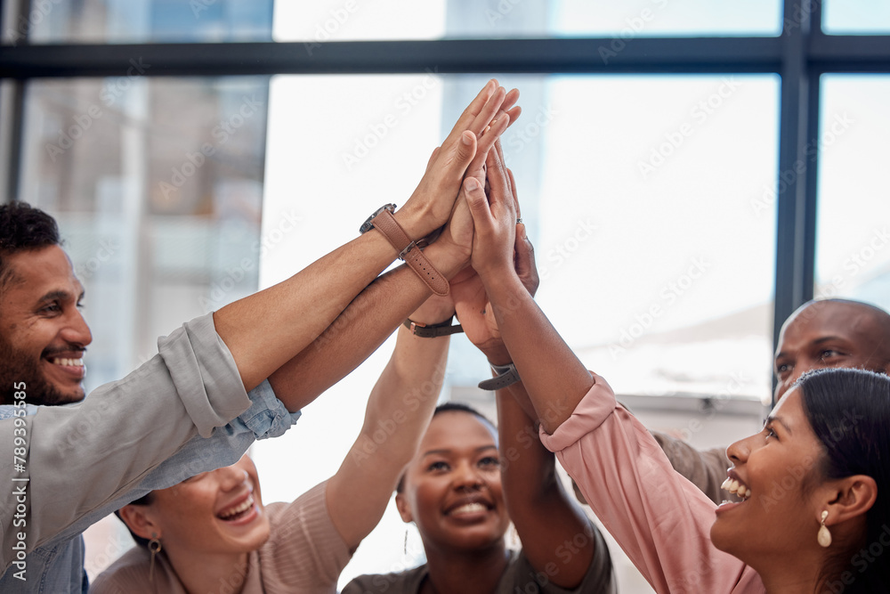 Happy people, team and meeting with hands together for unity ...
