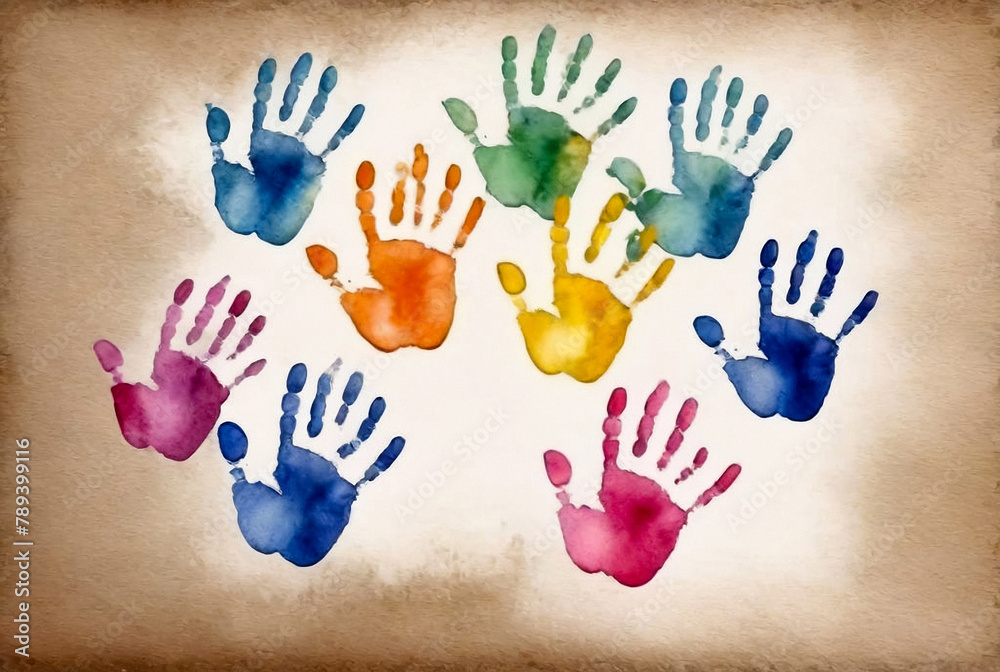 Baby handprint with watercolor on textured background. Works of child ...