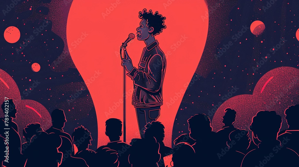 Stylish drawing depicting a stand-up comedian performing on stage in ...