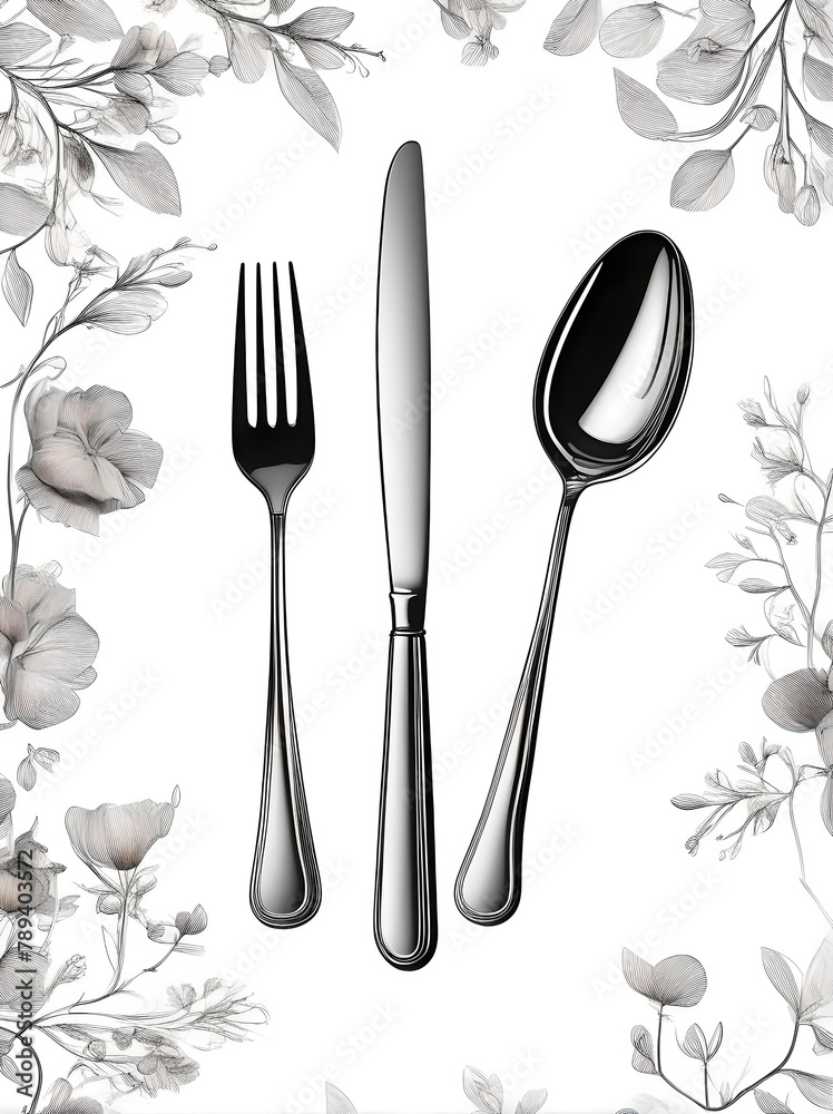 lineart spoon, fork, knife cutlery in silver back with black floral ...