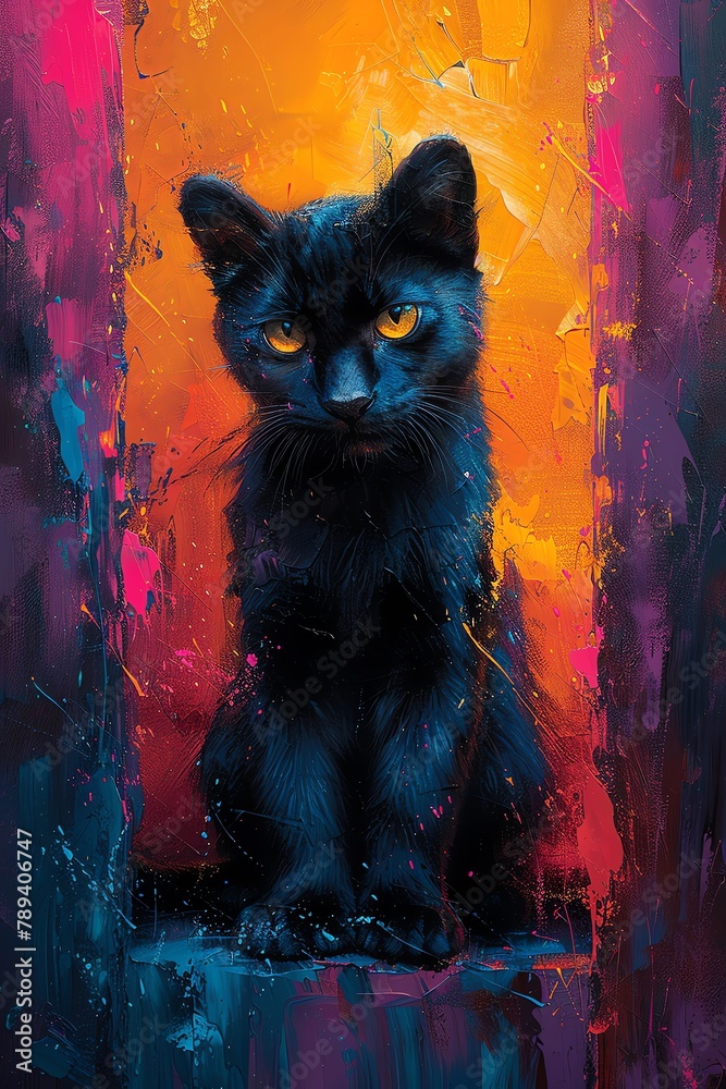 Wild adult black pantera, portrait, happy face, sitting with a colorful ...