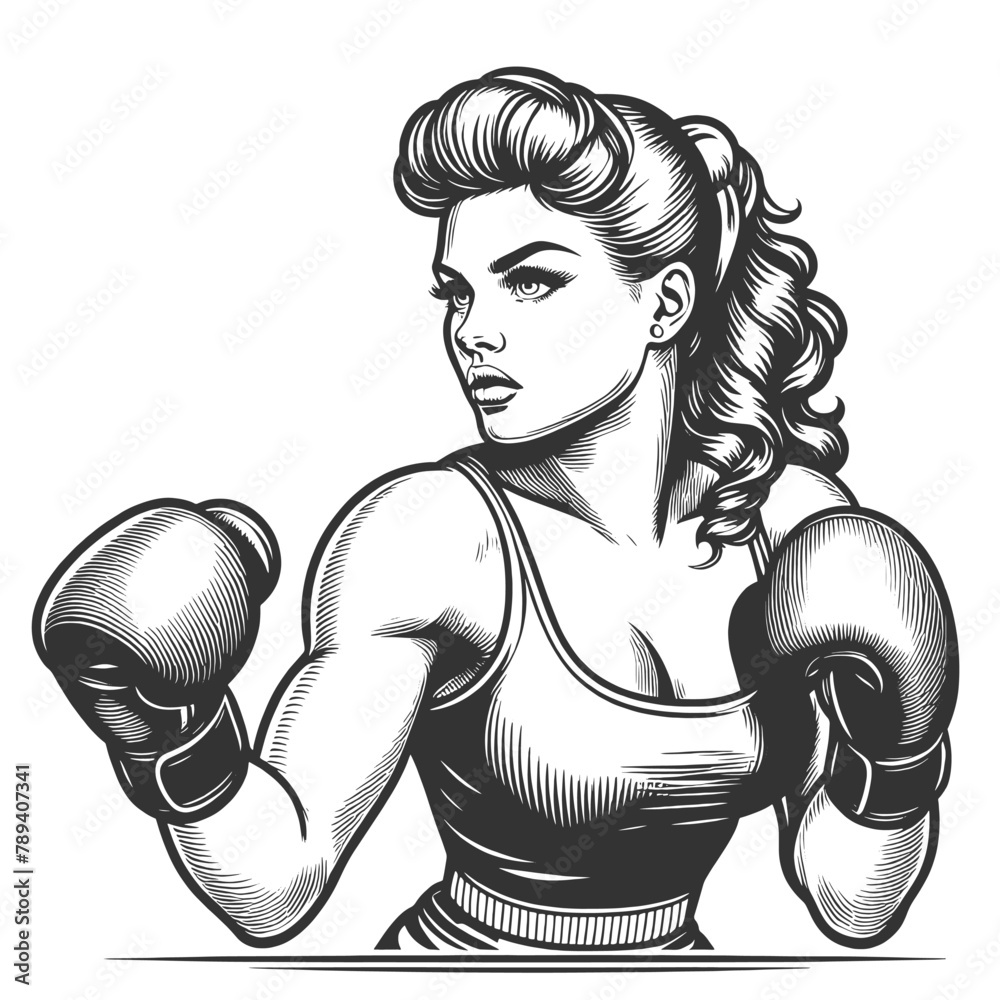 Black and white engraving of a determined retro female boxer in ...