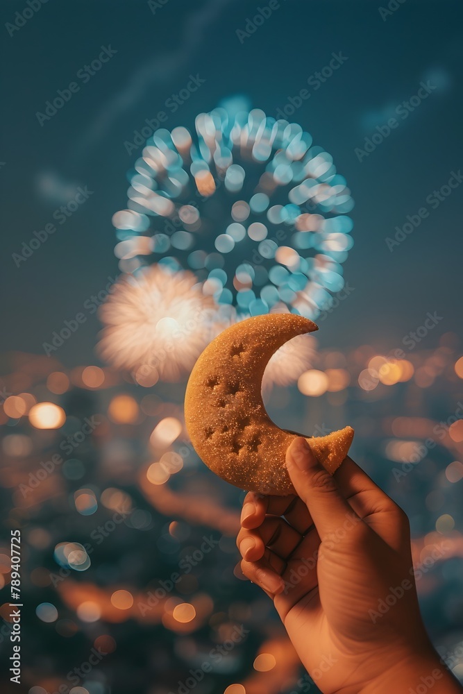 Crescent Moon Cookie Held Against Festive Cityscape at Eid al Adha ...