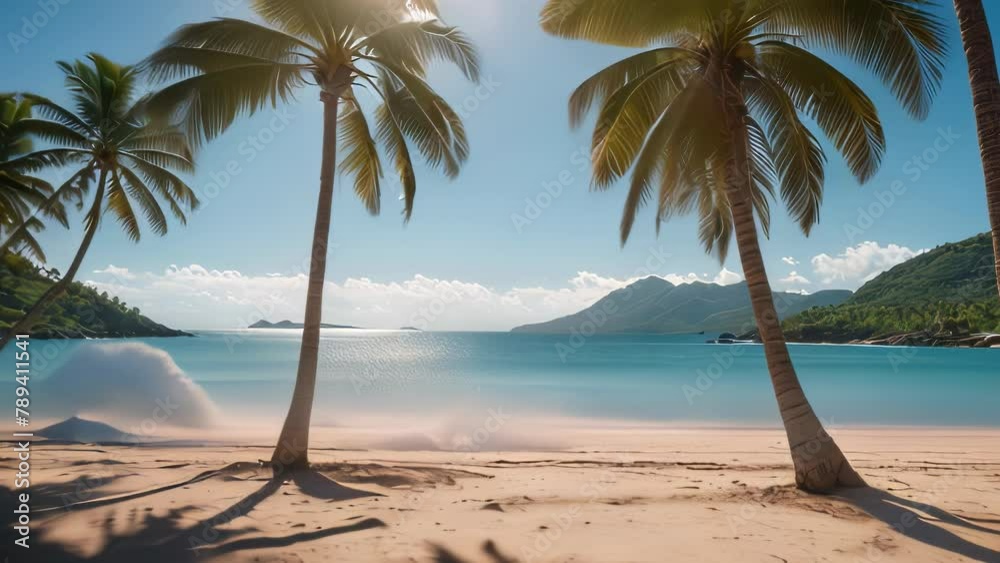Video animation of tropical beach scene. Two prominent palm trees lean ...