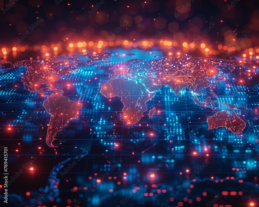 Internet connectivity across a luminous world map, digital links in a ...