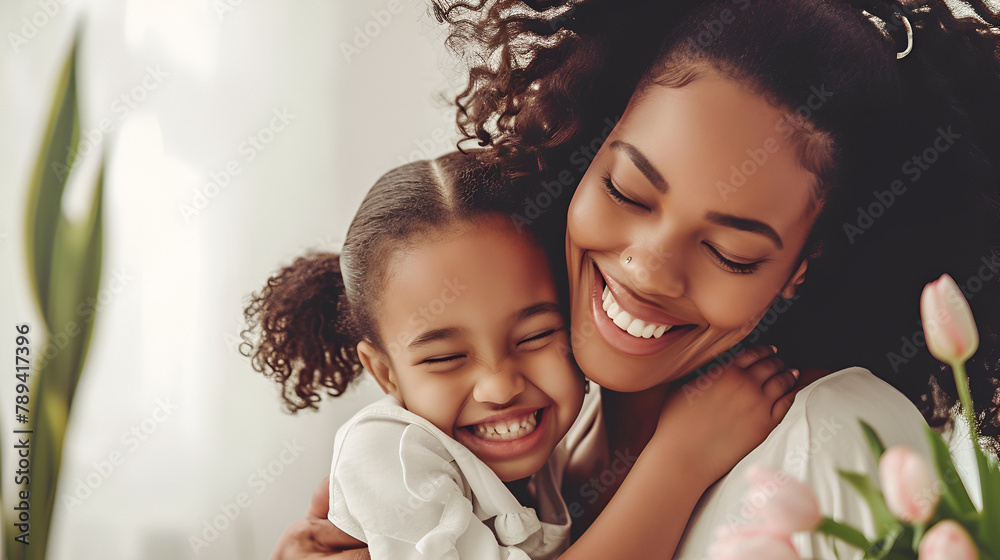 Happy laughing African American mother hugging her little daughter on Mother's Day in light home ...